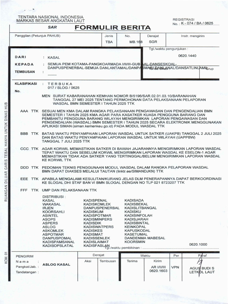 017 Pelaporan Wasdal Semester I 2025 | PDF
