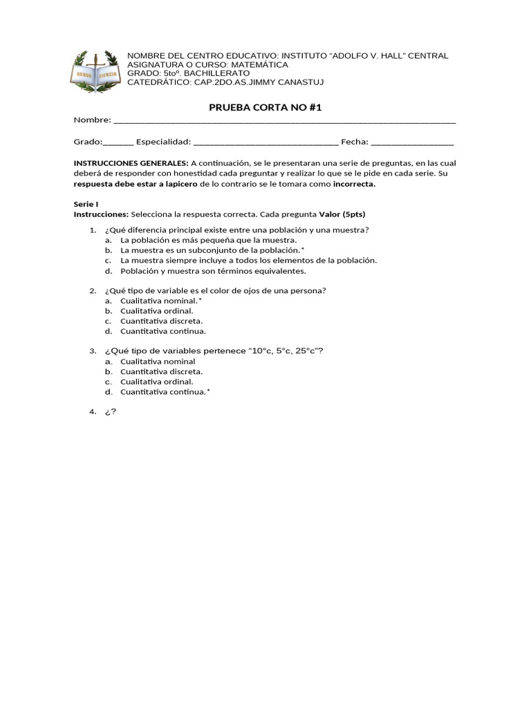 Prueba corta de matemáticas 5to bachillerato | PDF