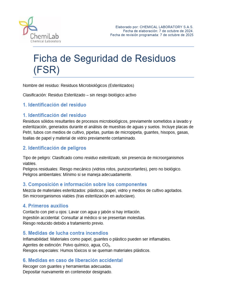 Ficha Seguridad Residuos Microbiologicos Esterilizados | PDF | Residuos | Esterilización ...