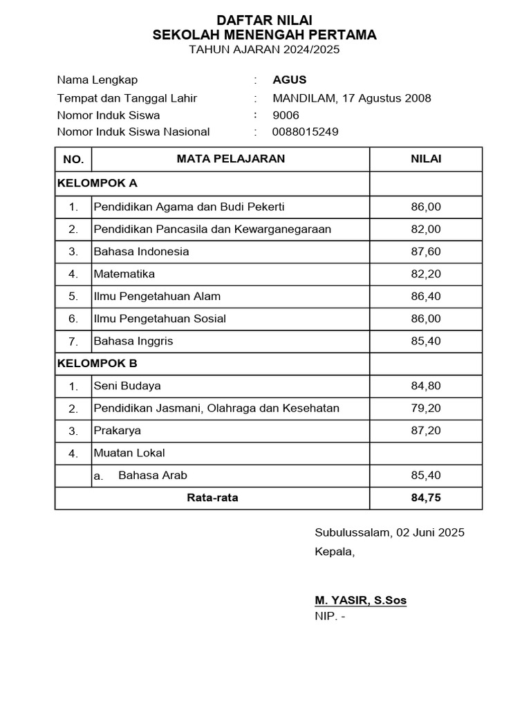 Contoh Transkrip SMP k13 | PDF