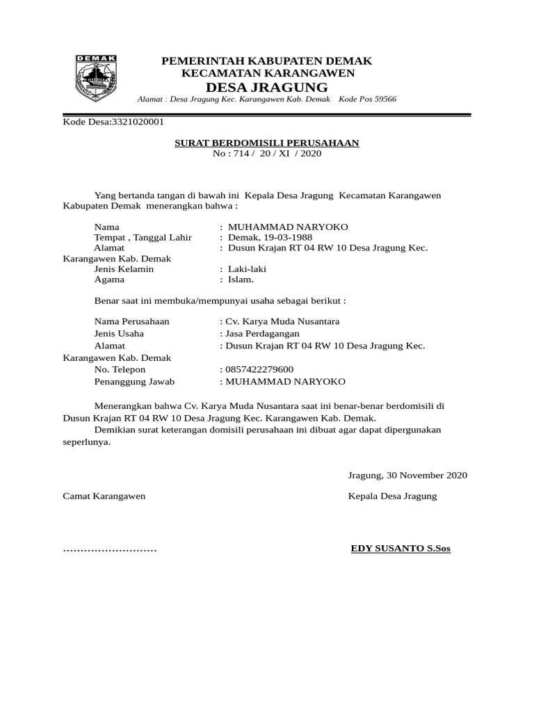 Surat Keterangan Domisili CV Karya Muda | PDF