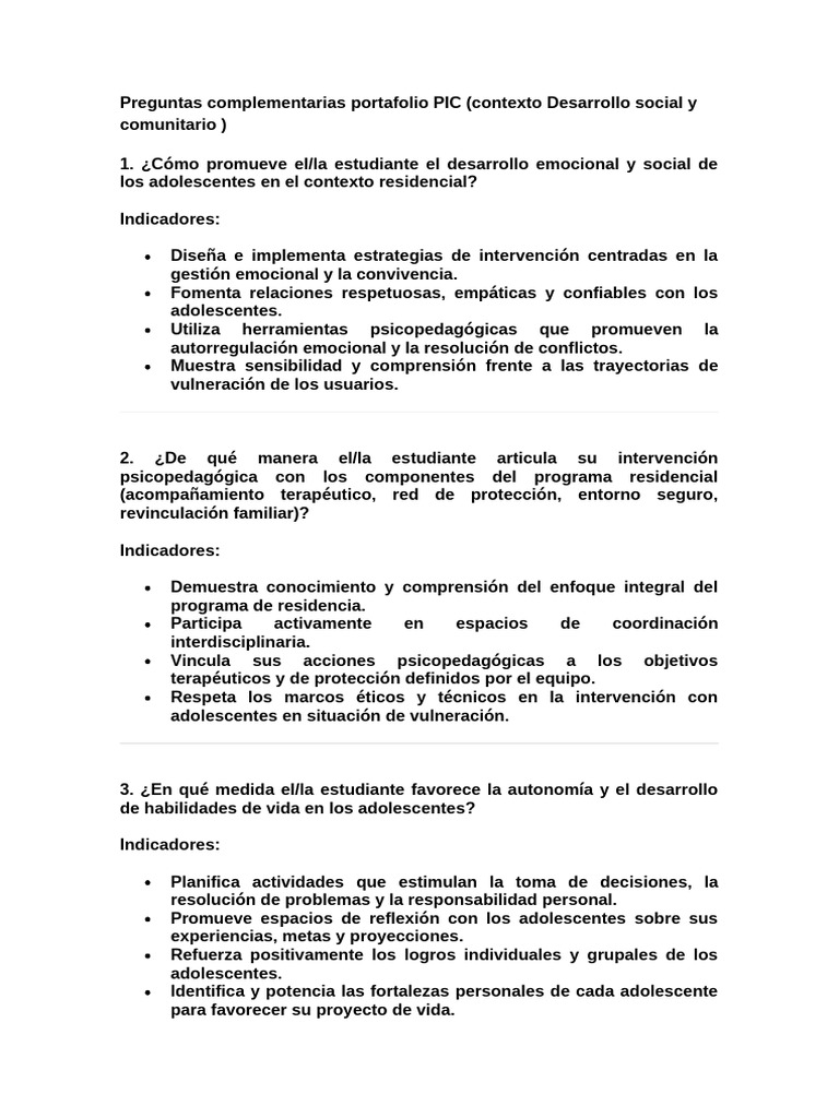 Preguntas Complementarias Portafolio PIC | PDF