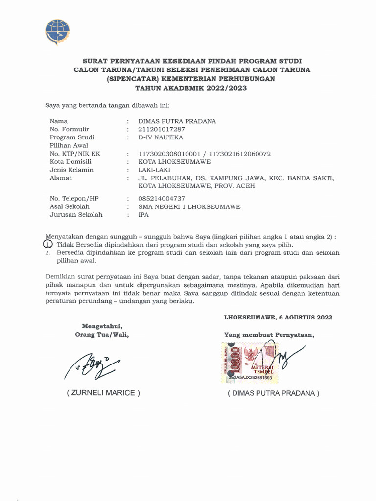 Surat Pernyataan Kesediaan - Dimas Putra | PDF
