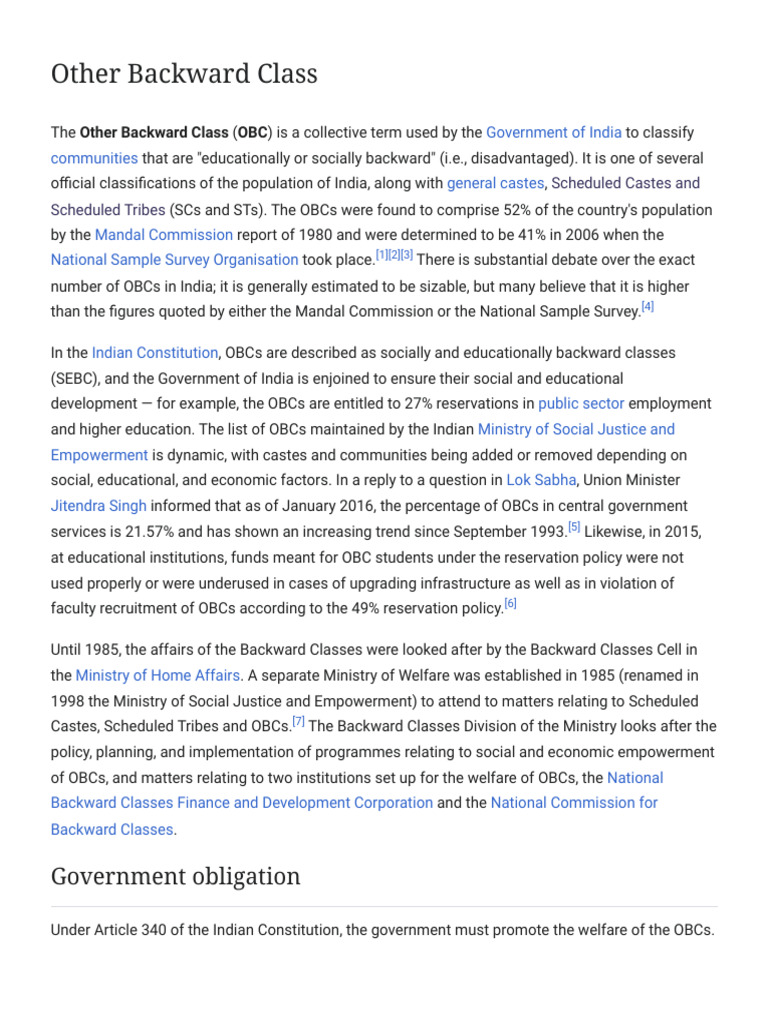 Other Backward Class - Wikipedia | PDF | Politics Of India | Government ...