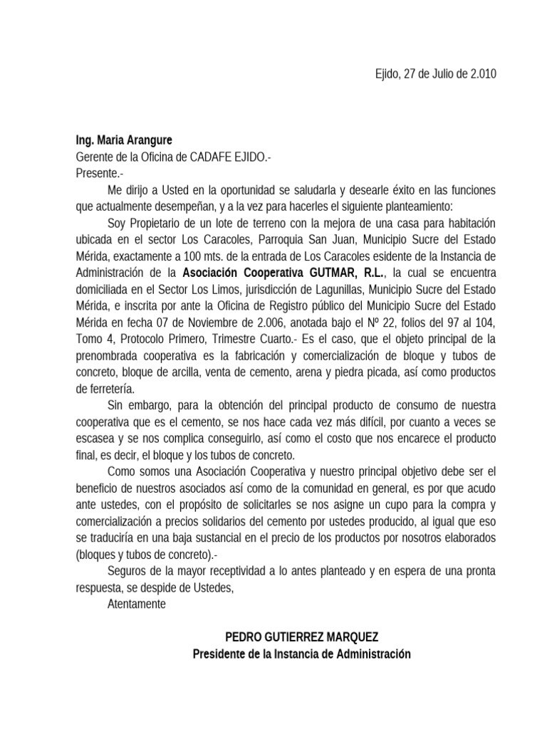 Solicitud de cupo para cemento CADAFE | PDF