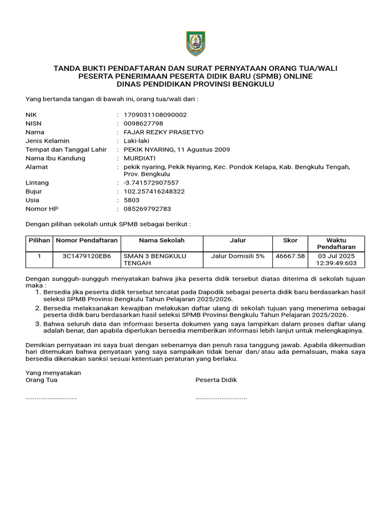 Bukti Daftar Fajar Rezki | PDF