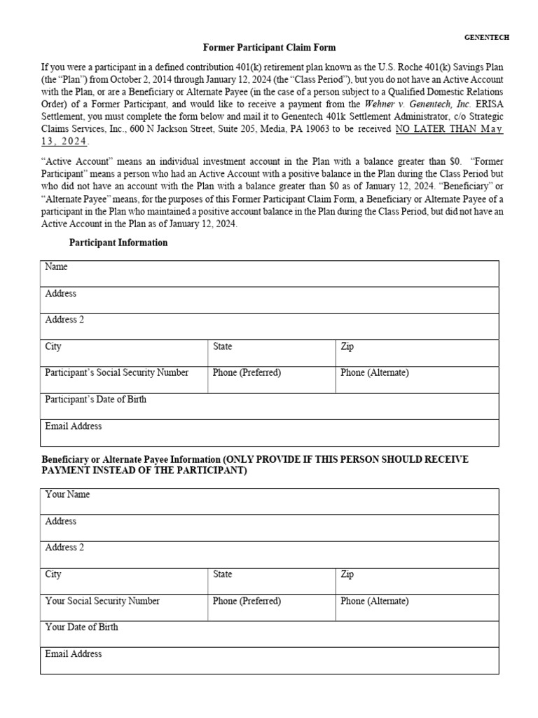 Genentech Form Participant Claim Form | PDF | Taxes | Government Finances