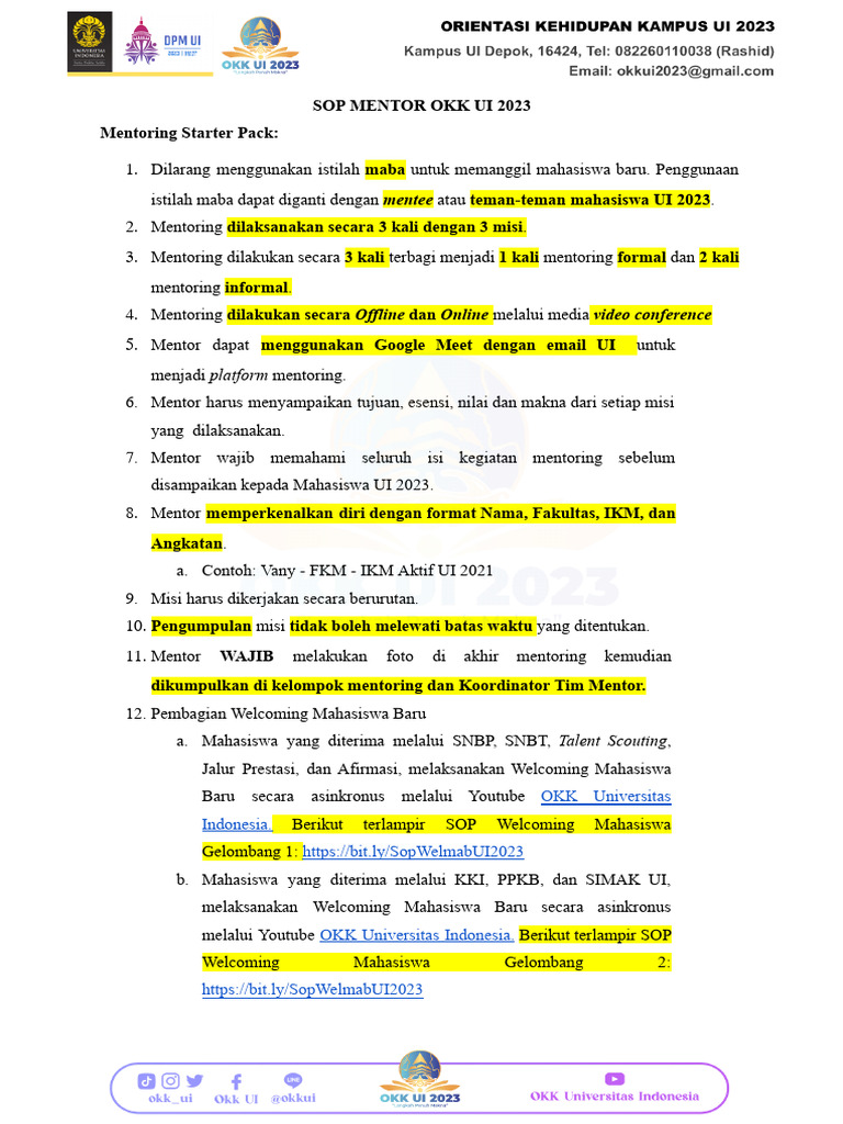 Sop Reguler Mentor Okk Ui 2023 | PDF