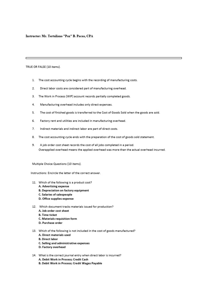 Mac105a Cost-Accounting-control Chap3 Questionnaire | PDF | Cost Of ...