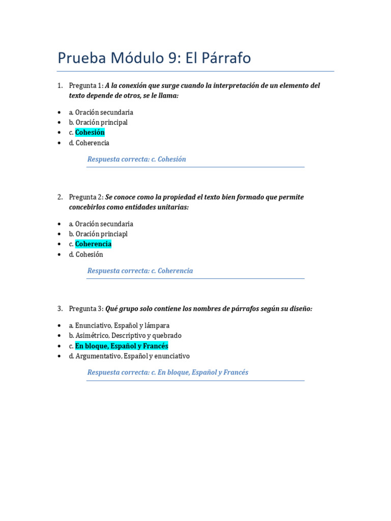 Prueba Modulo #9 - El Párrafo | PDF | Oración (Lingüística) | Fuerza ...