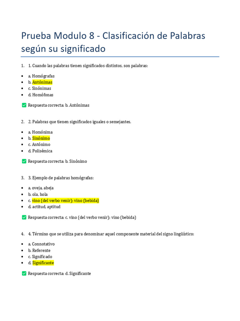 Prueba Modulo #8 - Clasificación de Las Palabras | PDF | Lexicología ...