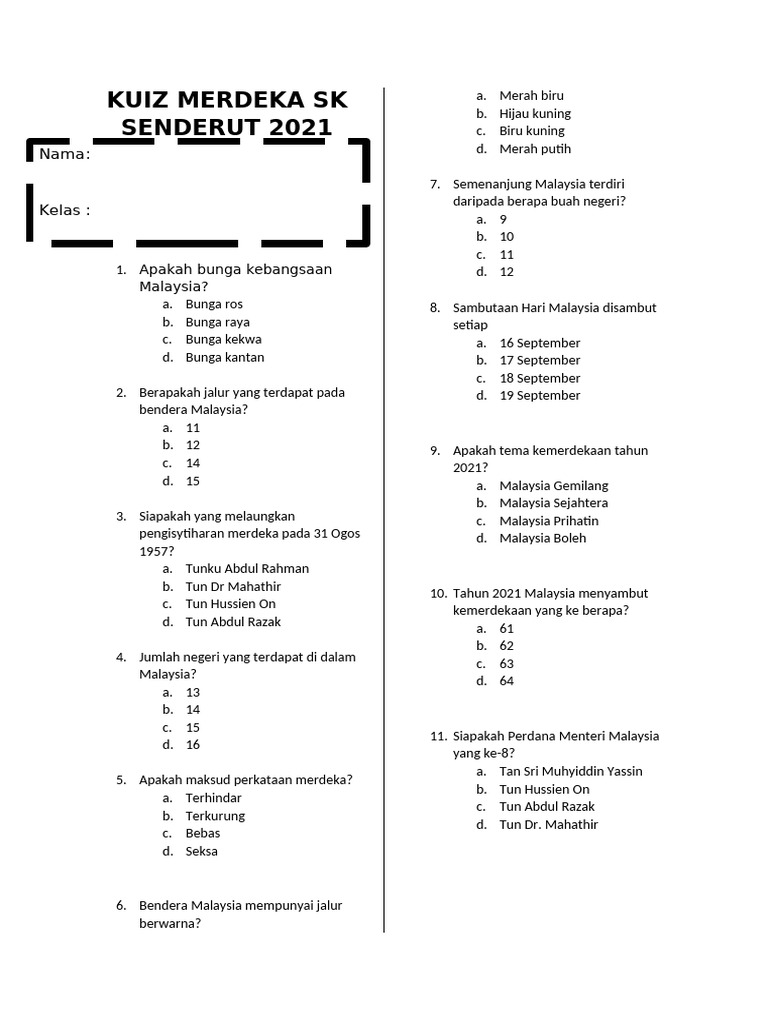 Kuiz Merdeka SK Senderut 2021 | PDF
