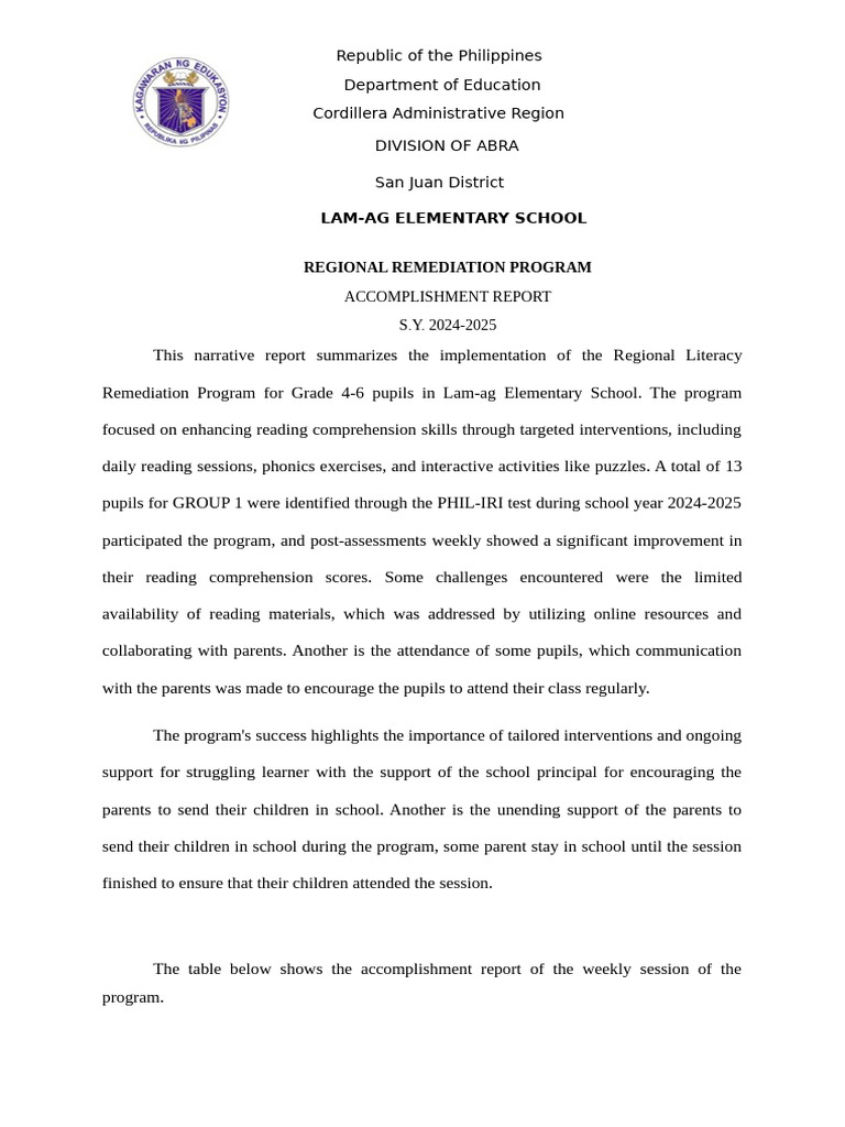 Regional Remediation Program Accomplishment | PDF | Phonics | Behavior ...