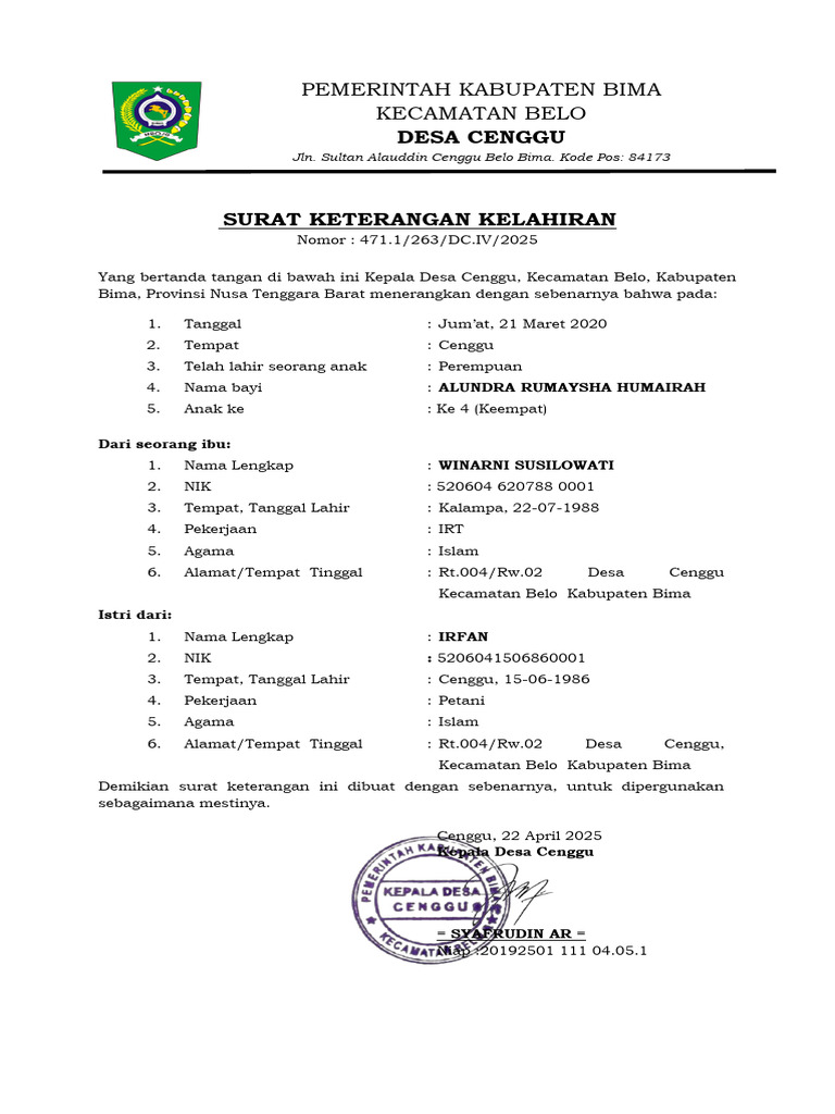 Surat Keterangan Kelahiran Alundra Rumaisa | PDF