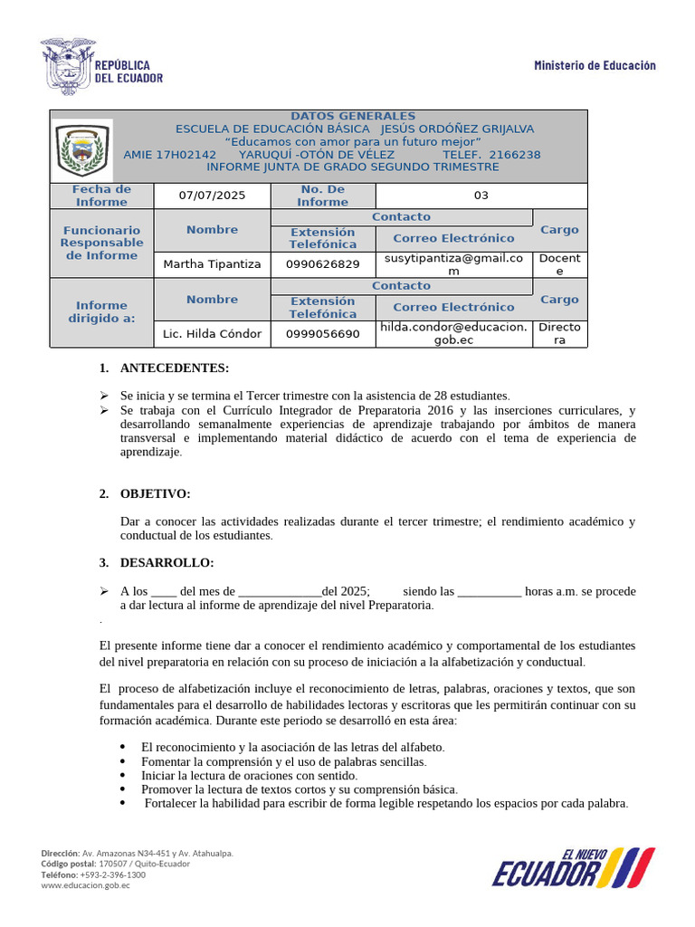Informe Junta de Grado Segundo Trimestre | PDF | Literatura | Aprendizaje