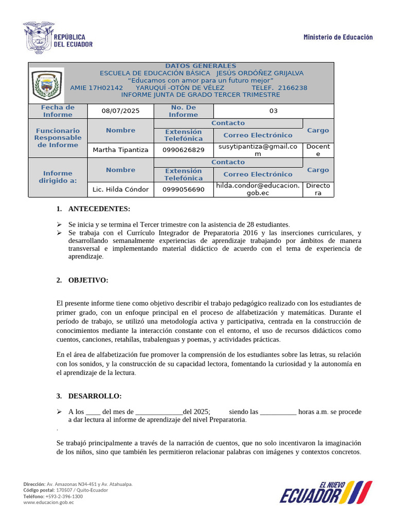 Informe Junta de Grado Tercer Trimestre | PDF | Aprendizaje | Literatura
