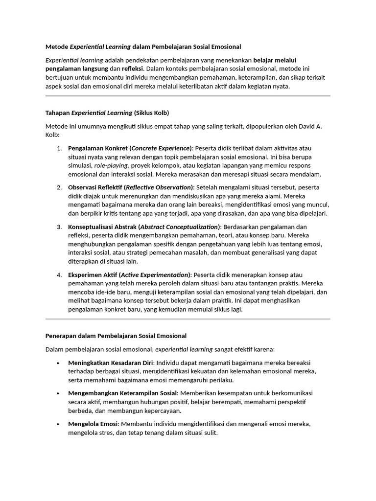 Metode Experiential Learning Dalam Pembelajaran Sosial Emosional | PDF