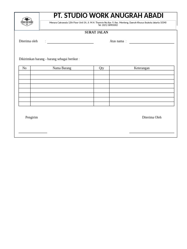 Surat Jalan Pengiriman Barang PT. Studio | PDF