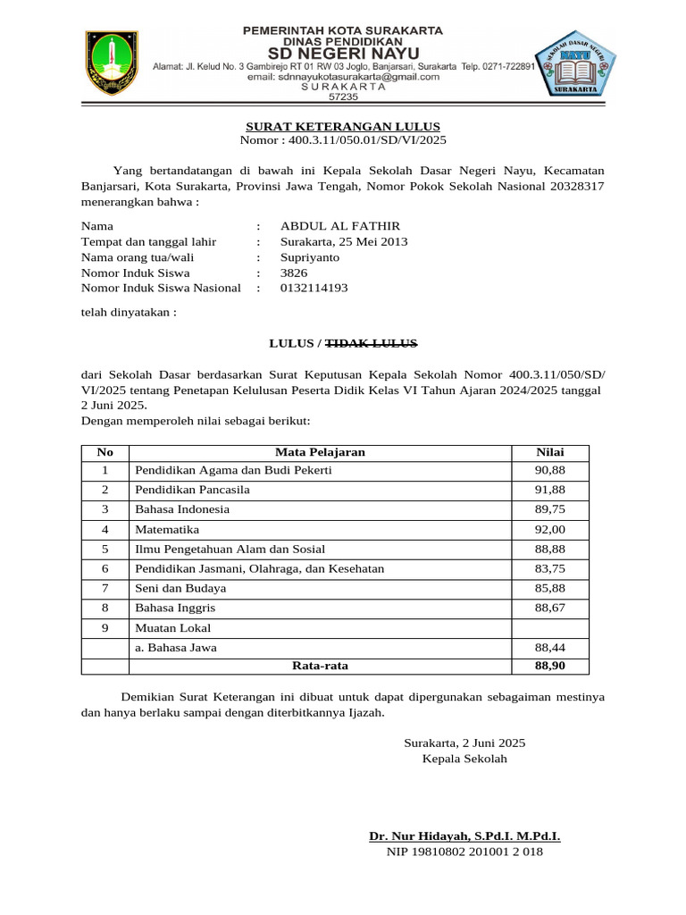 Surat Keterangan Lulus SD 2025 | PDF