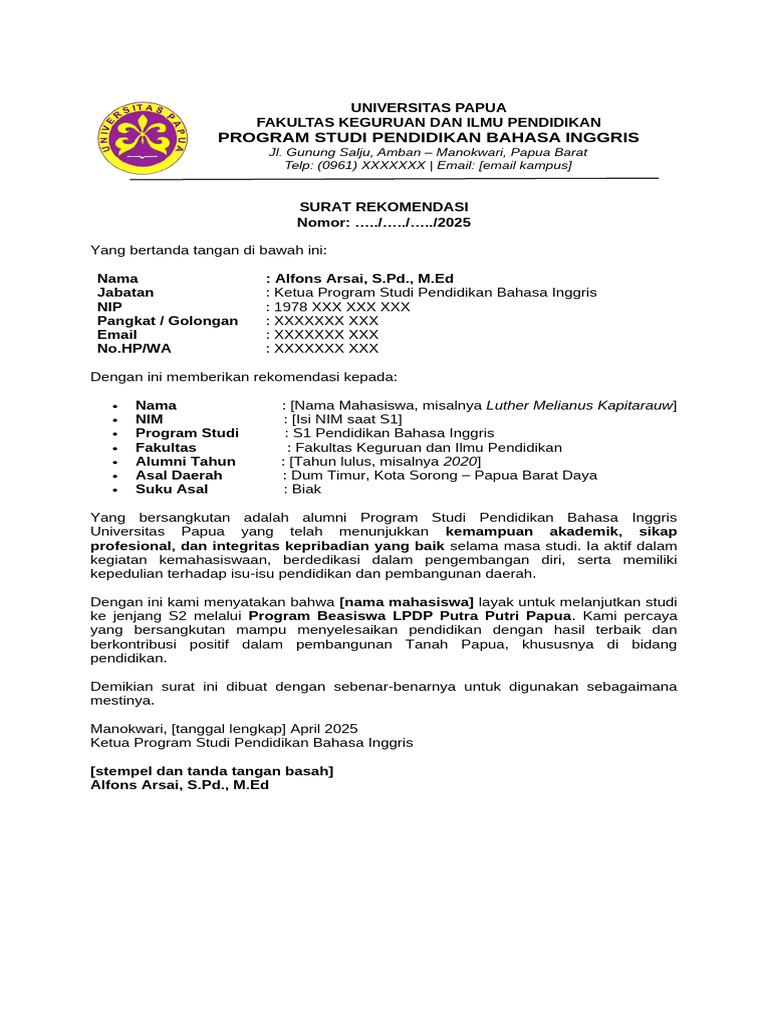 Contoh Format Surat Rekomendasi Daftar LPDP Dari Kampus Asal s1 ...