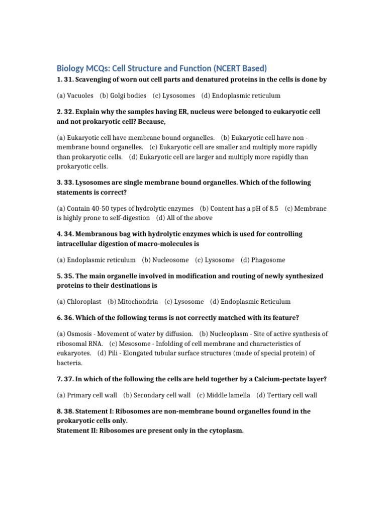 Top 20 Cell Structure Questions | PDF | Cell (Biology) | Cell Biology