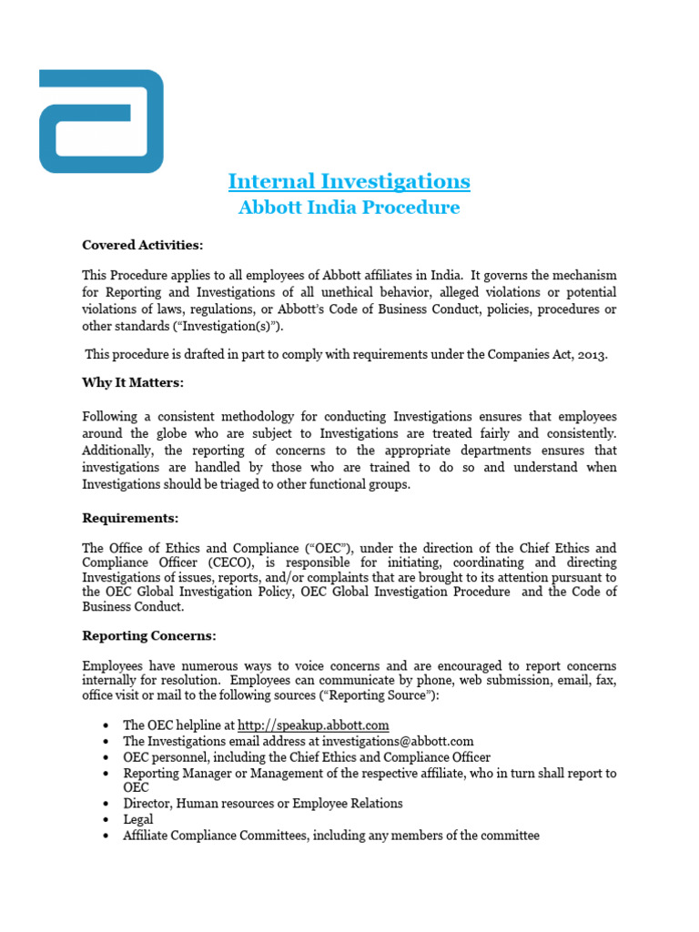 Abbott India Internal Investigations Guide | PDF | Regulatory ...