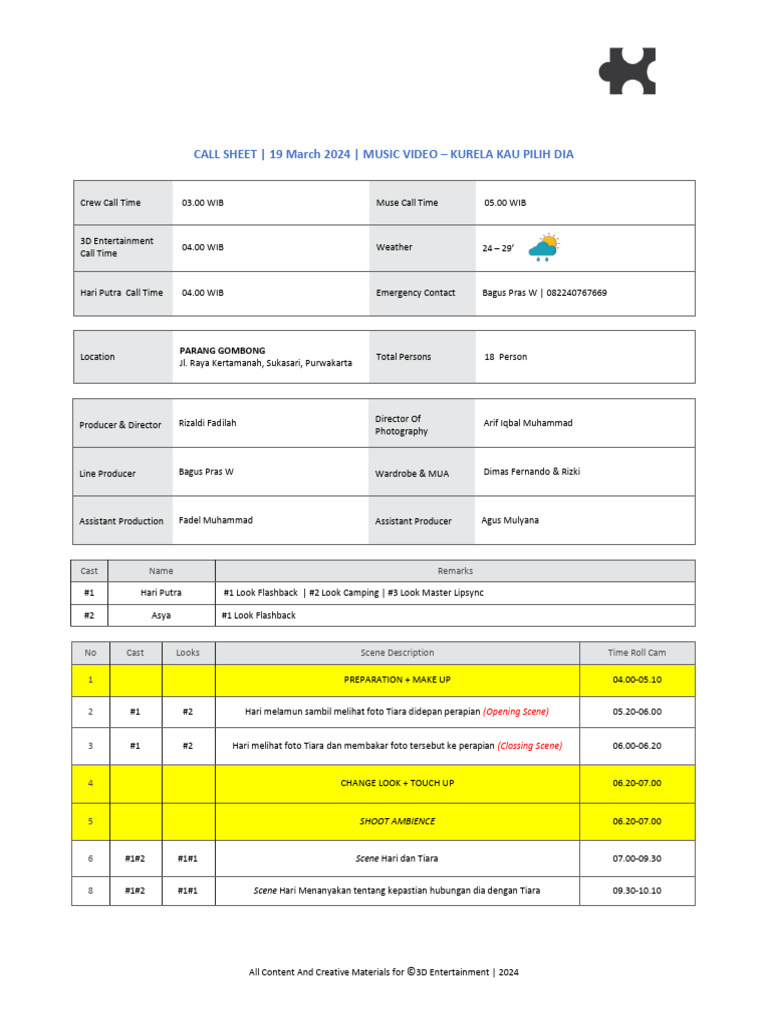 CALL SHEET Kurela Kau Pilih Dia | PDF | Film And Video Technology | Video