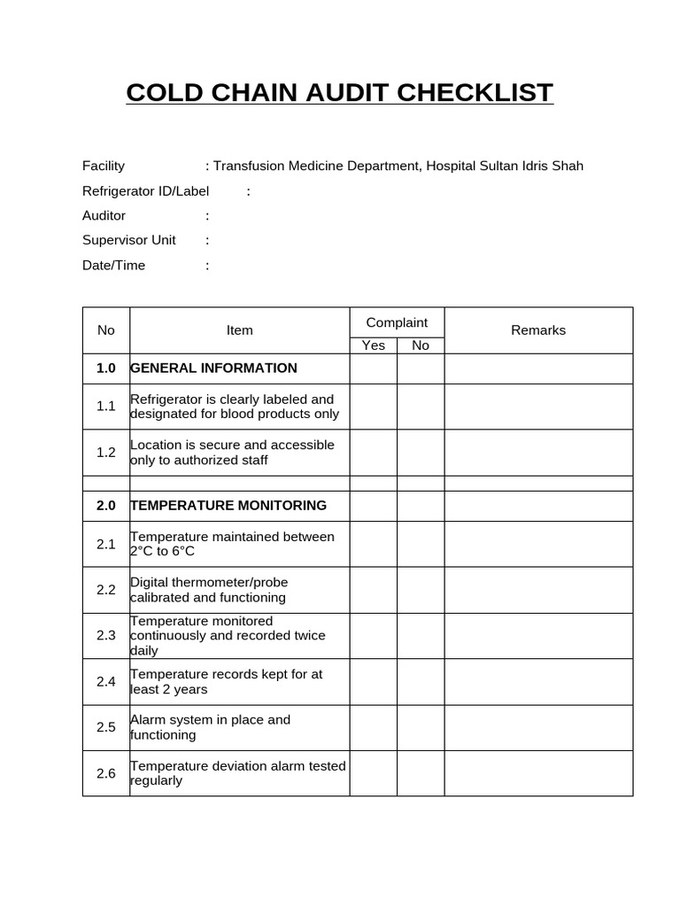 Cold Chain Audit Checklist for Blood Storage | PDF | Calibration