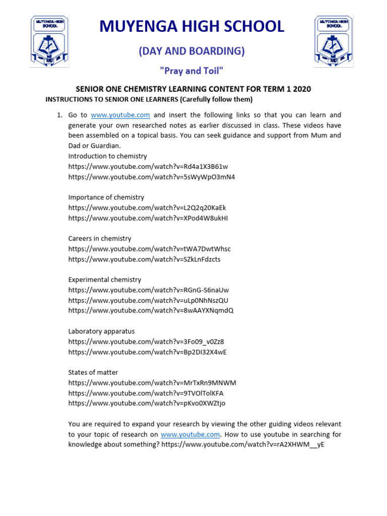 S1 Chemistry Notes-Muyenga High School Term 1 2020 | PDF | Litre | Matter
