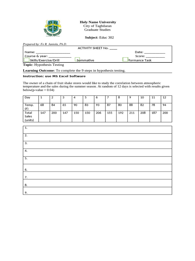 Activity On Hypothesis Testing | PDF