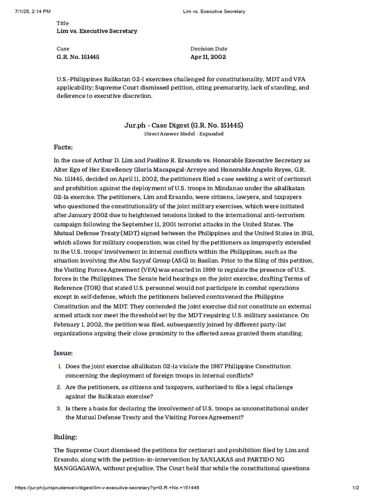 Lim vs. Executive Secretary Ruling Summary | PDF | Standing (Law ...