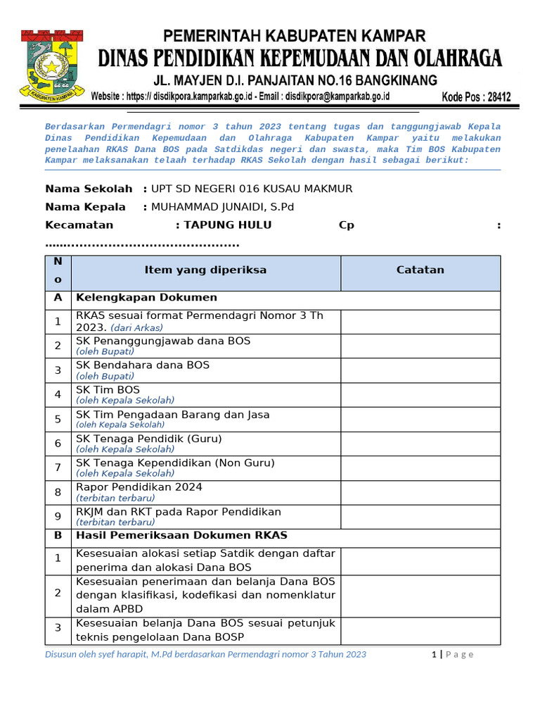Instrumen Varifikasi Dan Validasi RKAS 2025 | PDF