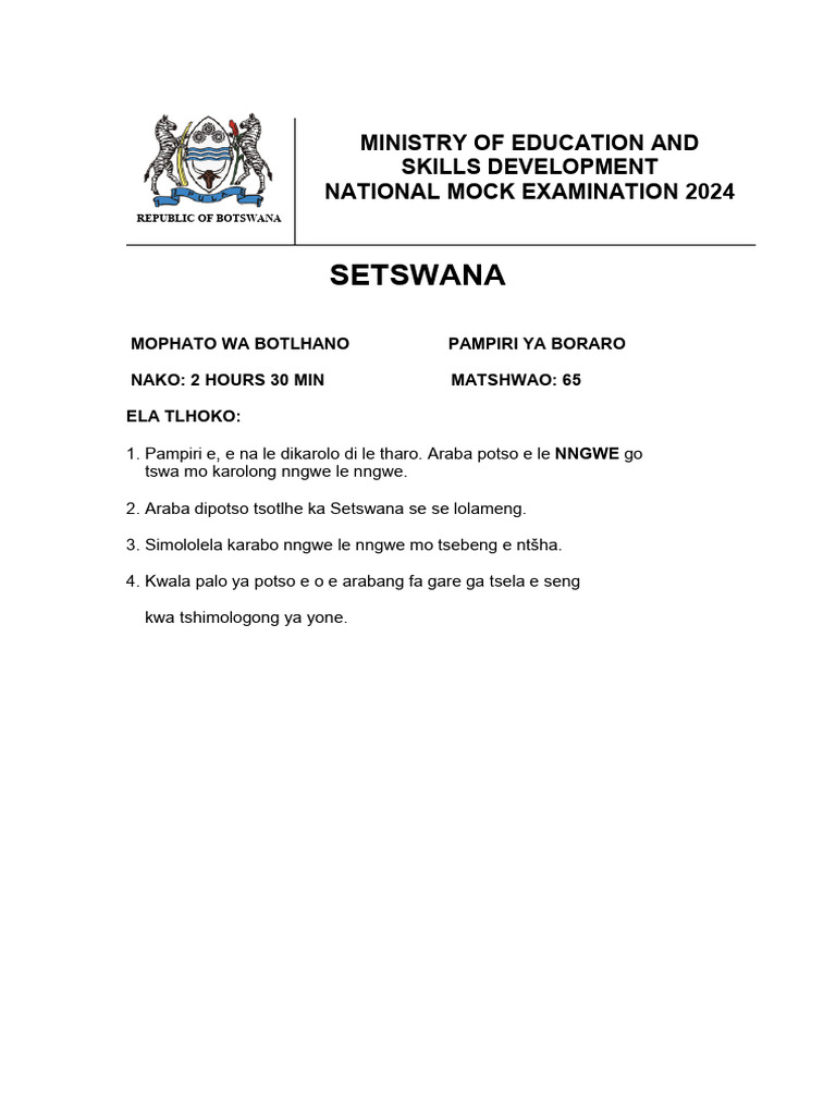 Setswana Paper 3 Mock Exam 2024 | PDF | Southern Africa | Languages Of ...