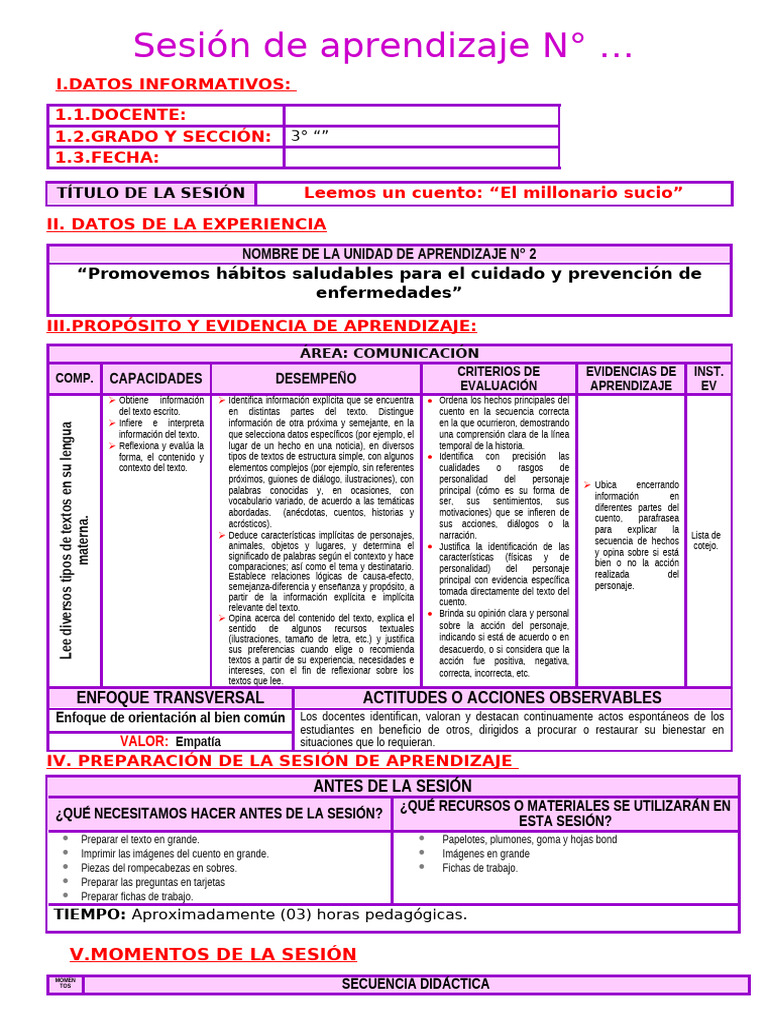 Sesión Leemos Un Cuento Millonario Sucio Maestra Janet | PDF | Aprendizaje | Enseñando