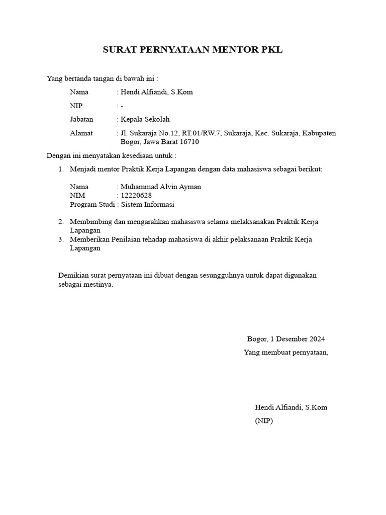 Surat Pernyataan Mentor PKL Alvin | PDF