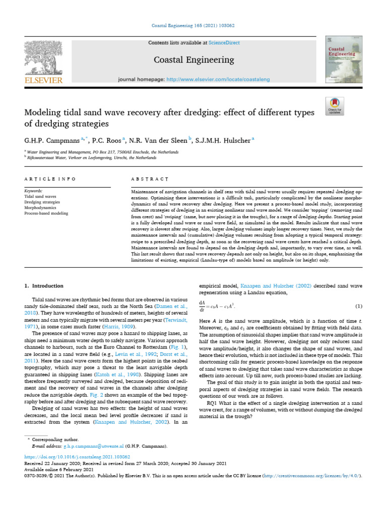 Modeling Tidal Sand Wave Recovery After Dredging | PDF | Waves | Dredging