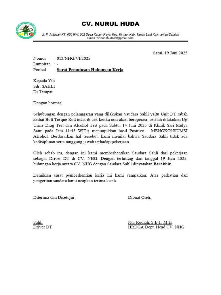 Surat Pemutusan Hubungan Kerja Sahli | PDF