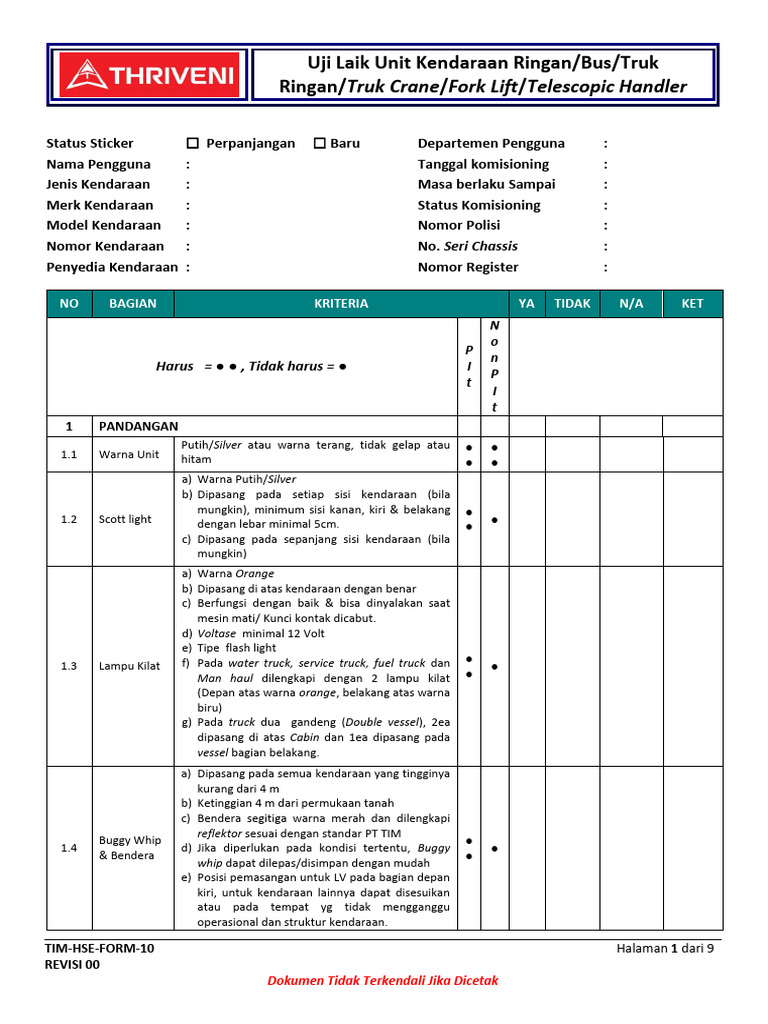 TIM-HSE-ForM-10 Uji Laik Unit Kendaraan Ringan, Bus, Truck Ringan ...