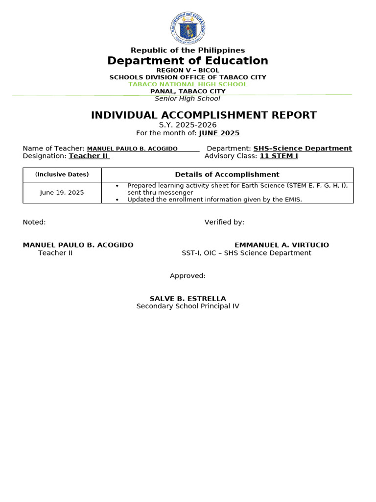 Monthly Accomplishment Report 2024-2025 | PDF | Schools | Learning
