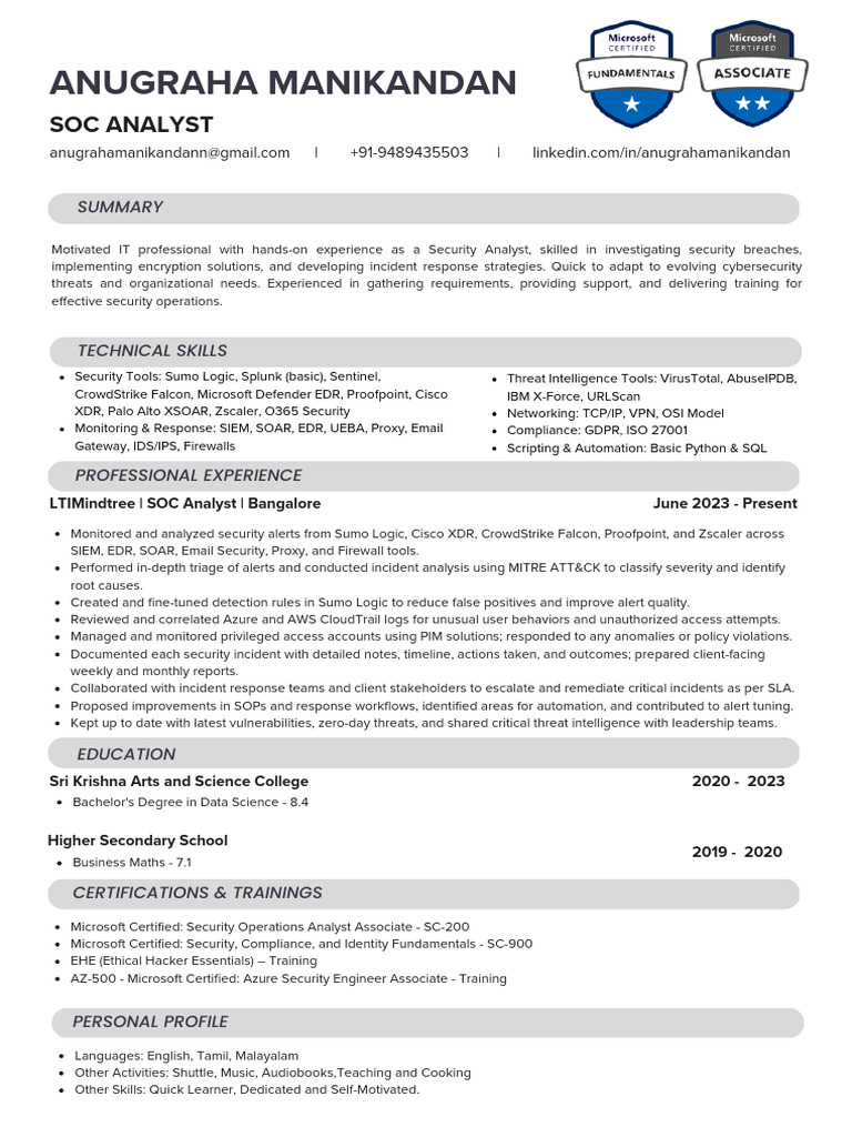 Anugraha Manikandan - SOC Analyst | PDF | Computer Security | Security