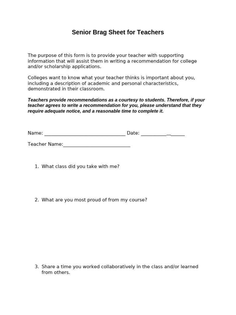 Teacher Recommendation Brag Sheet | PDF