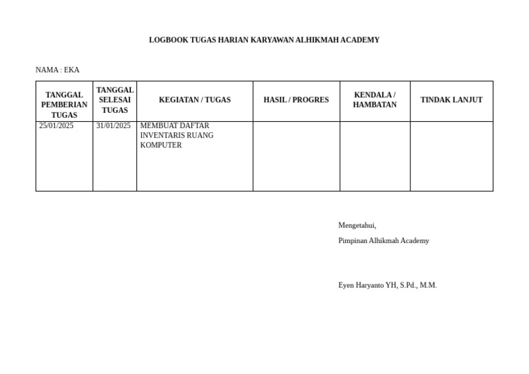 Logbook Tugas Harian Karyawan Alhikmah Academy-Eka | PDF