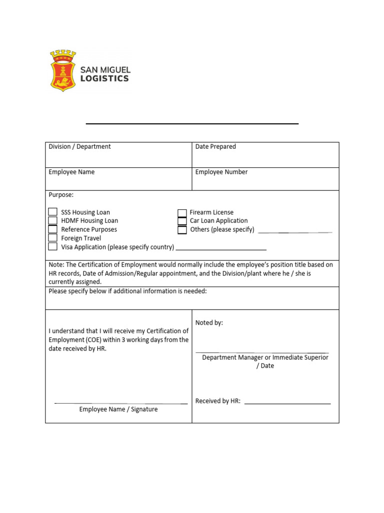 Employment Certification Request Form | PDF
