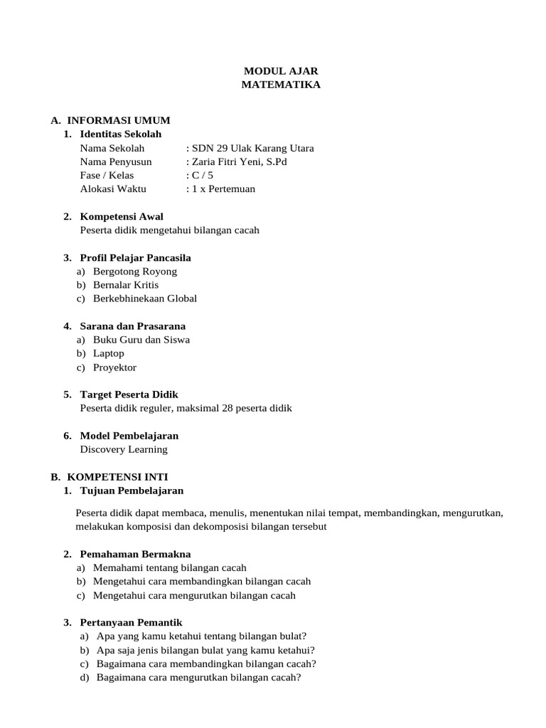 Modul Ajar MTK 2 | PDF