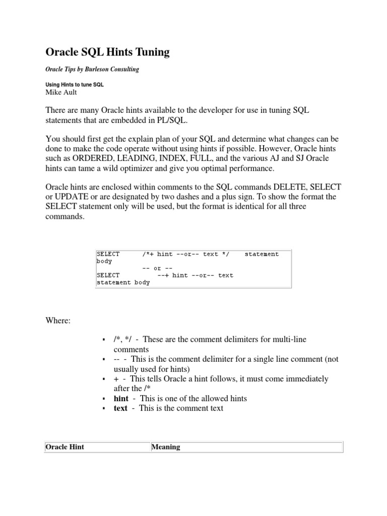 Oracle Sql Hints Tuning Pdf Database Index Data Management