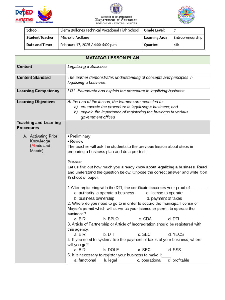 Matatag Lesson Plan Entrepreneurship | PDF | Teachers | Learning