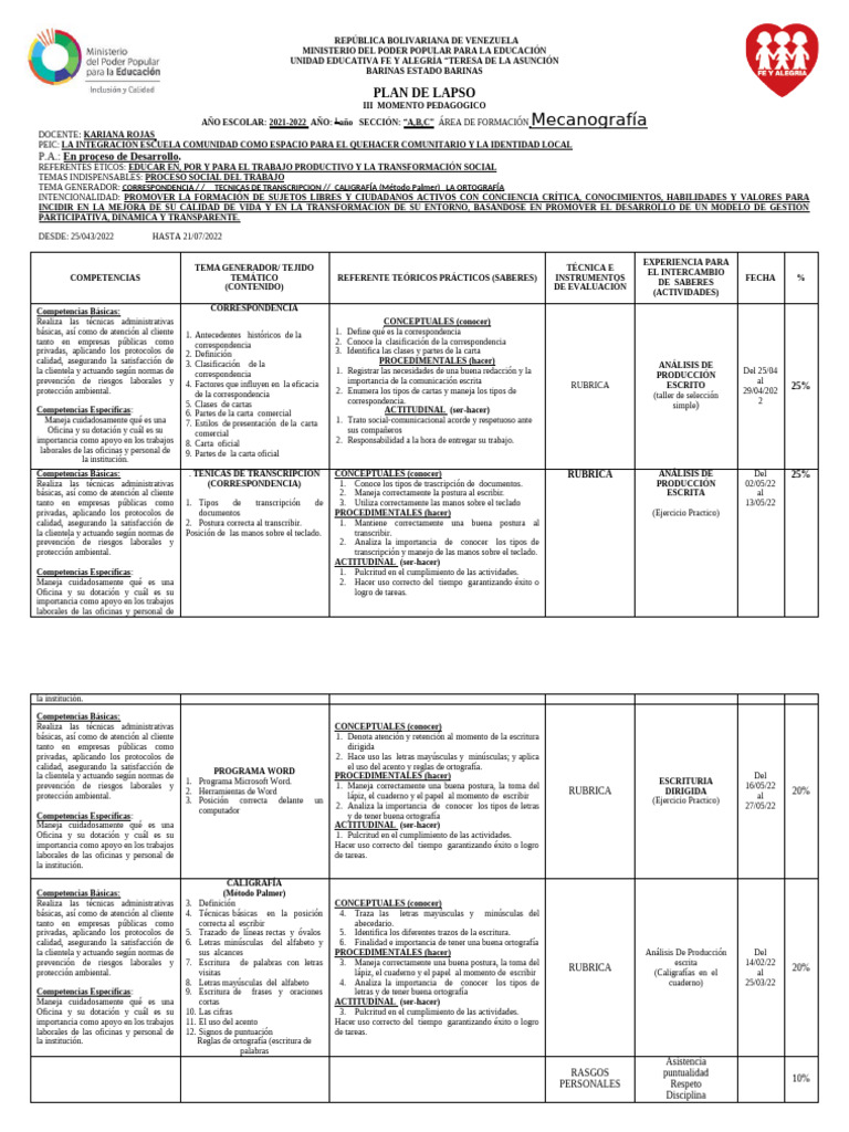 Plan DE LAPSO MECANOGRAFIA 1 AÑO ABC III | PDF | Ortografía | Caso de carta