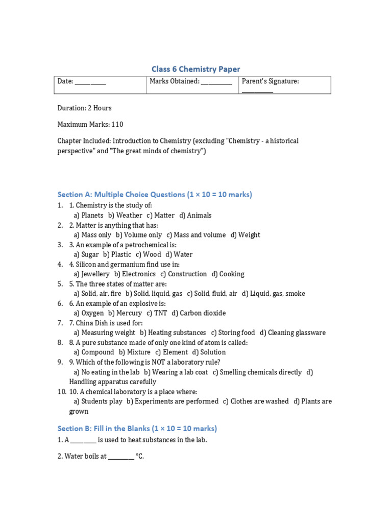 Class 6 Chemistry Exam Paper 2024 | PDF | Chemistry | Chemical Substances