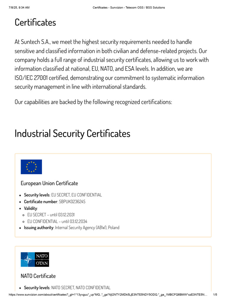 Certificates - Sunvizion - Telecom OSS - BSS Solutions | PDF