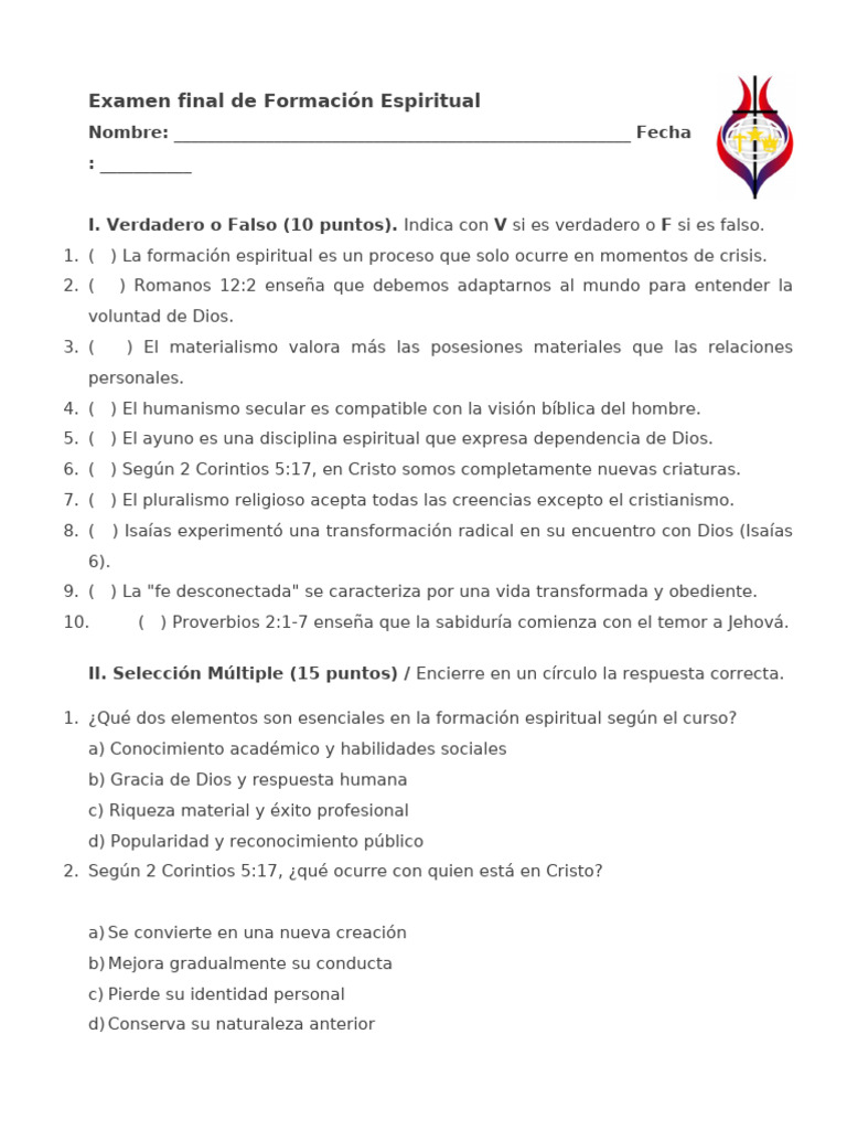 Examen Final de Formación Espiritual | PDF | Dios | Teología